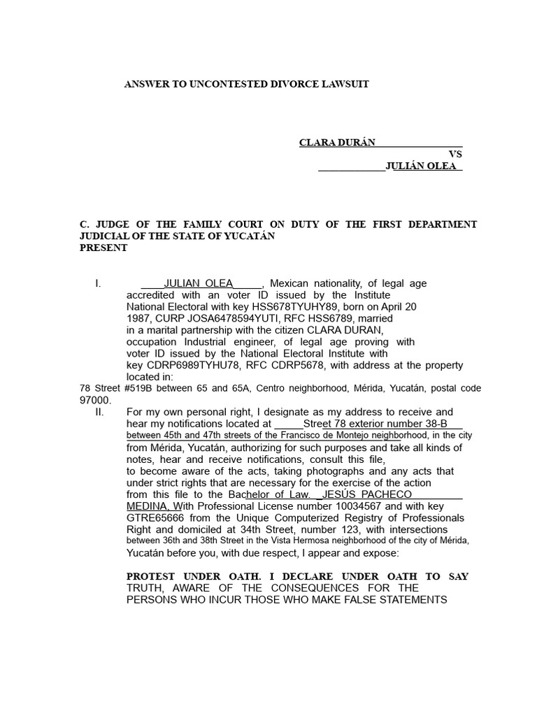 Answer To Uncontested Divorce Petition | PDF | Divorce | Lawsuit