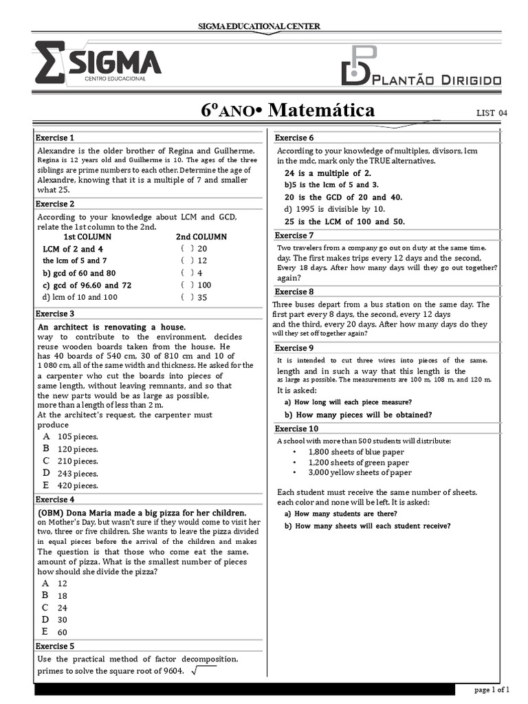 Directed Duty 04 - Math - 6th Grade | PDF | Mathematics | Number Theory