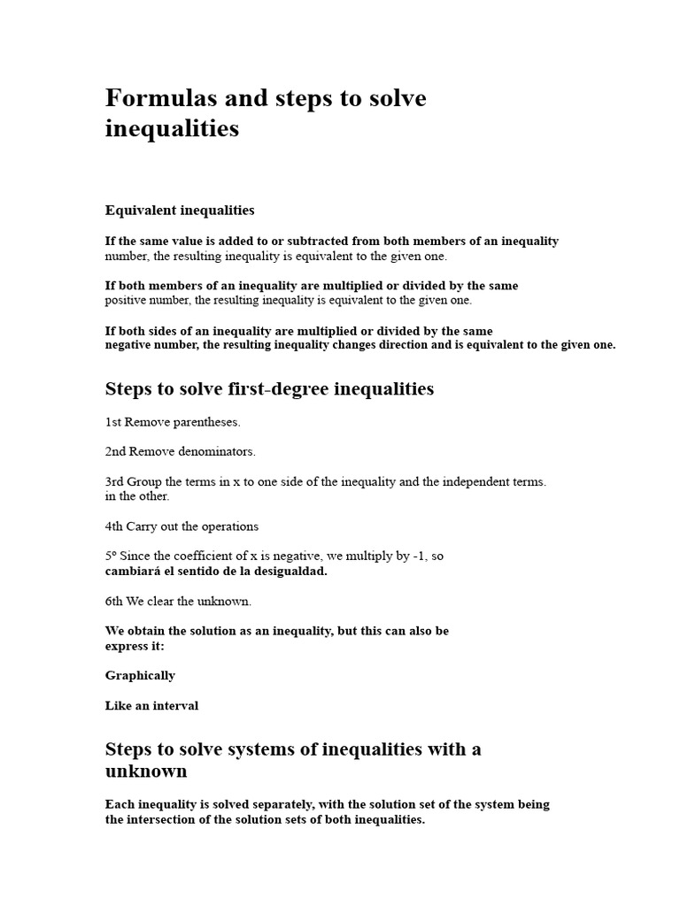 Formulas and steps to solve inequalities | PDF | Equations | Polynomial