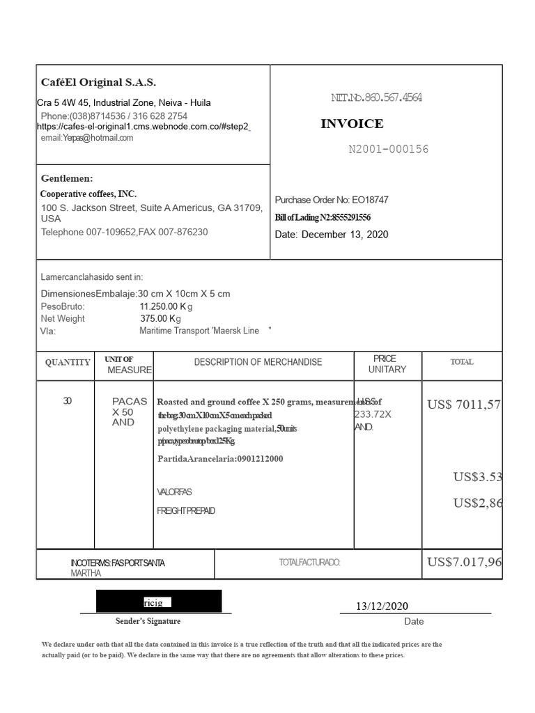 Commercial Invoice Filled 1 638 PDF | PDF