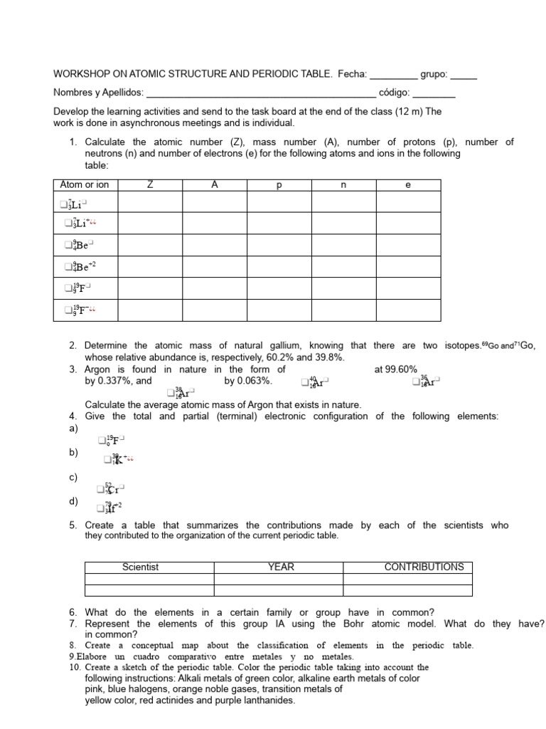 Atomic Structure and Periodic Table Workshop | PDF | Periodic Table ...