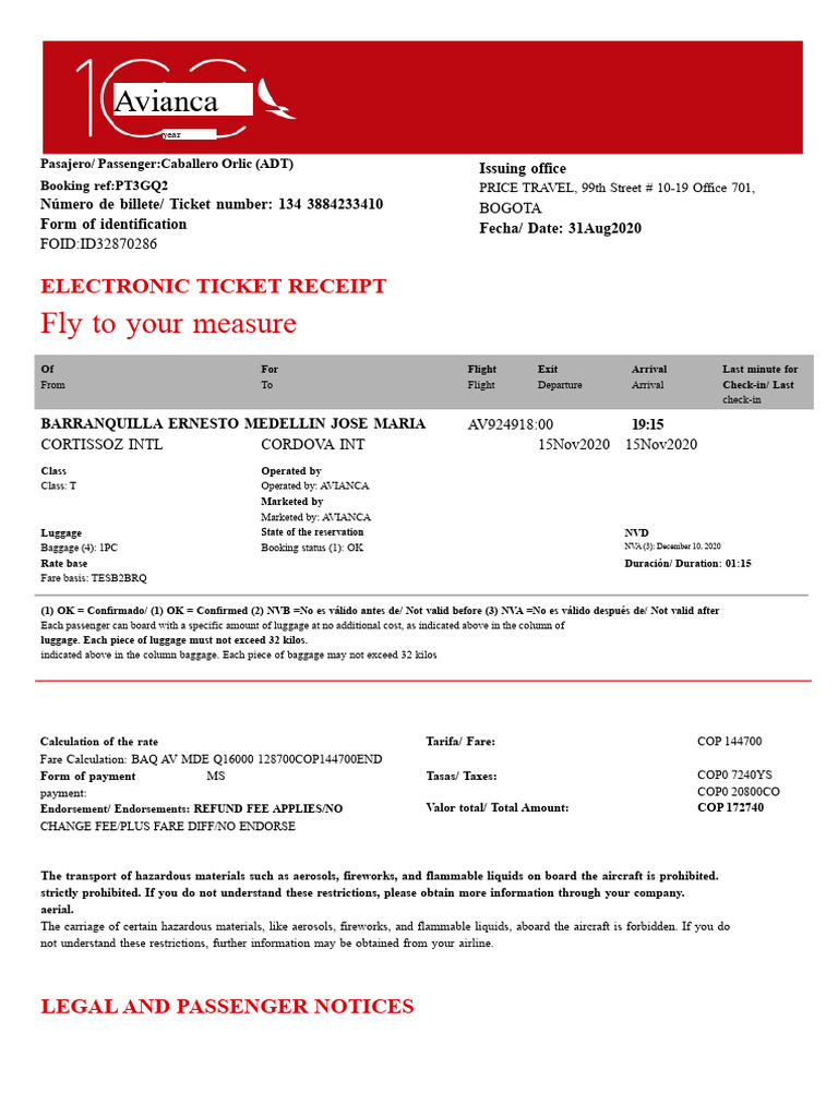 Avianaca Flight Ticket Receipt | PDF | Fare