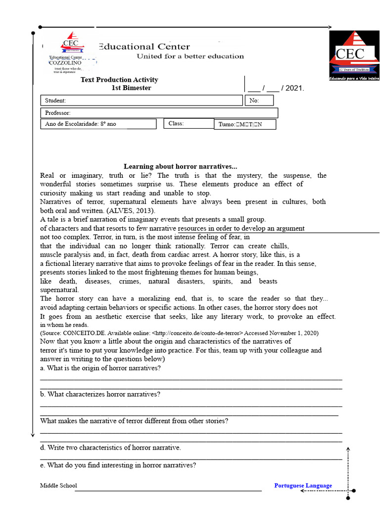 Inaugural class activities 8th grade - Horror narratives | PDF ...