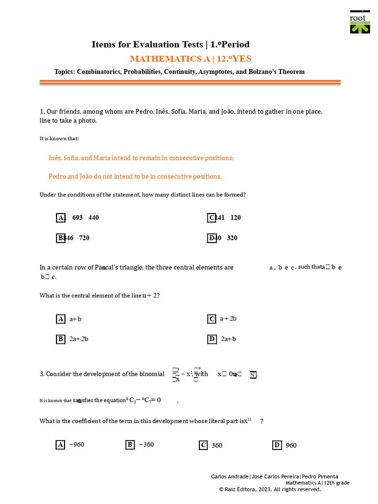 Assessment Test Items - Mathematics a - 12th Grade - 1st Term (Nov-2023 ...