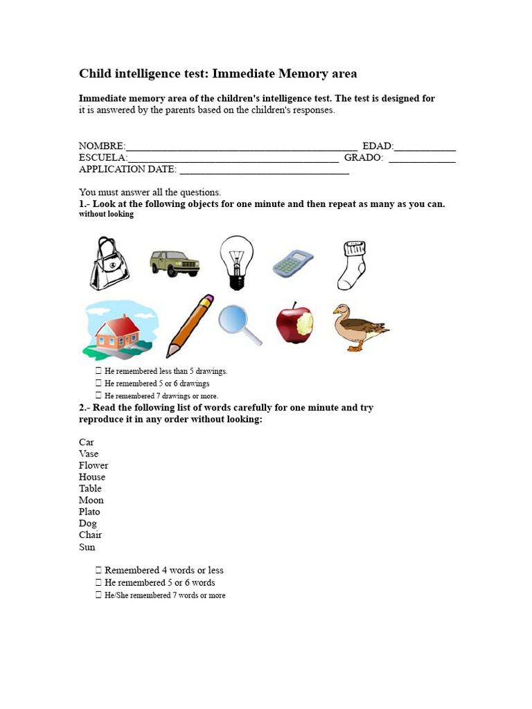 Child Intelligence Test: Immediate Memory | PDF