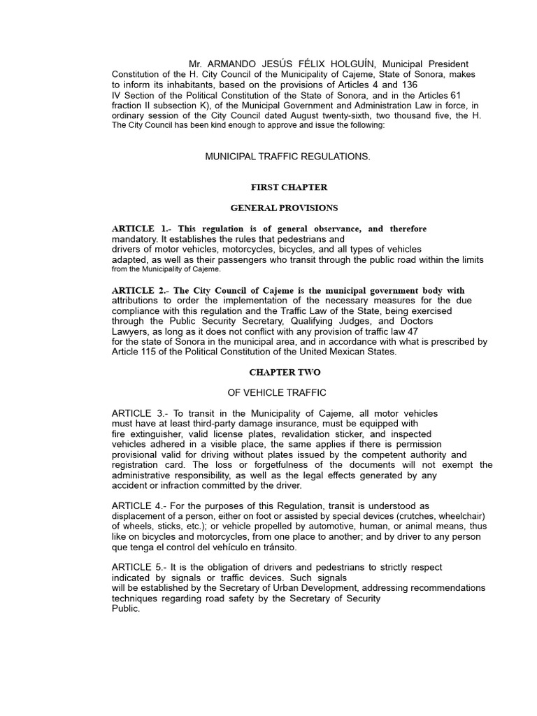 Municipal Traffic Regulations Cajeme 2006 | PDF | Traffic ...