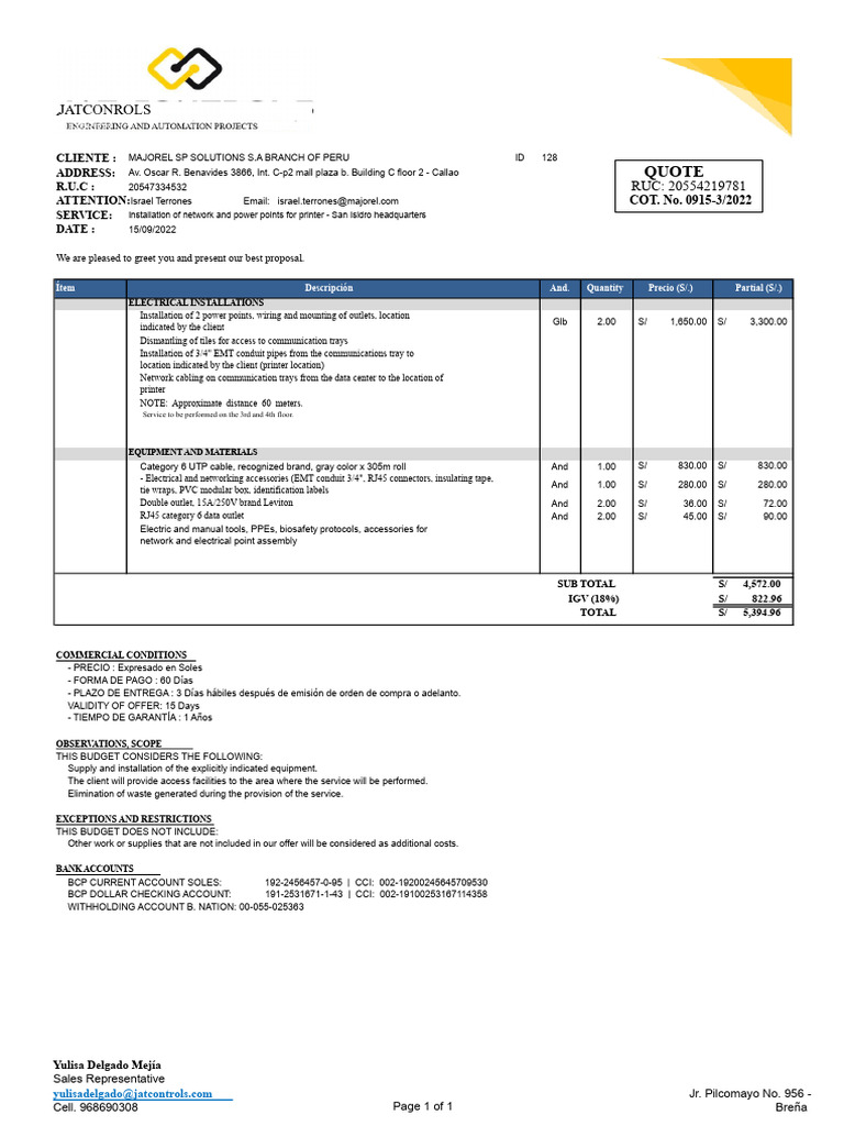 Quotation #0915-3-2022 - Installation of Network and Power Points For ...
