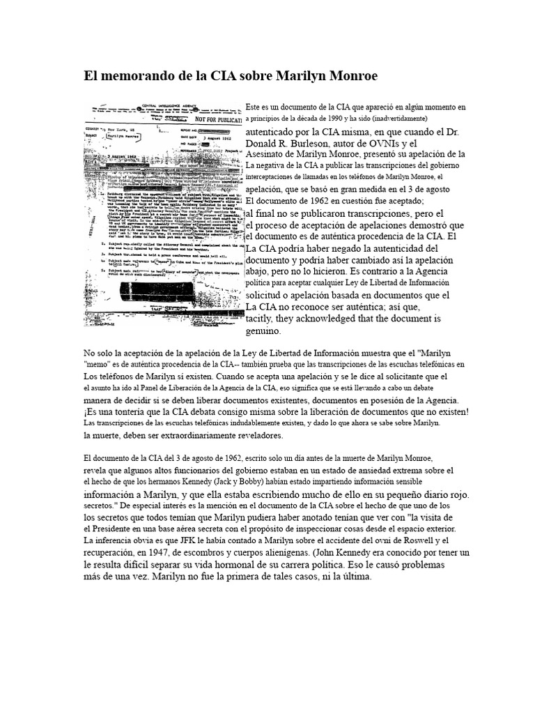Memo de La CIA Sobre Marilyn Monroe y OVNIs | PDF | Agencia Central de ...