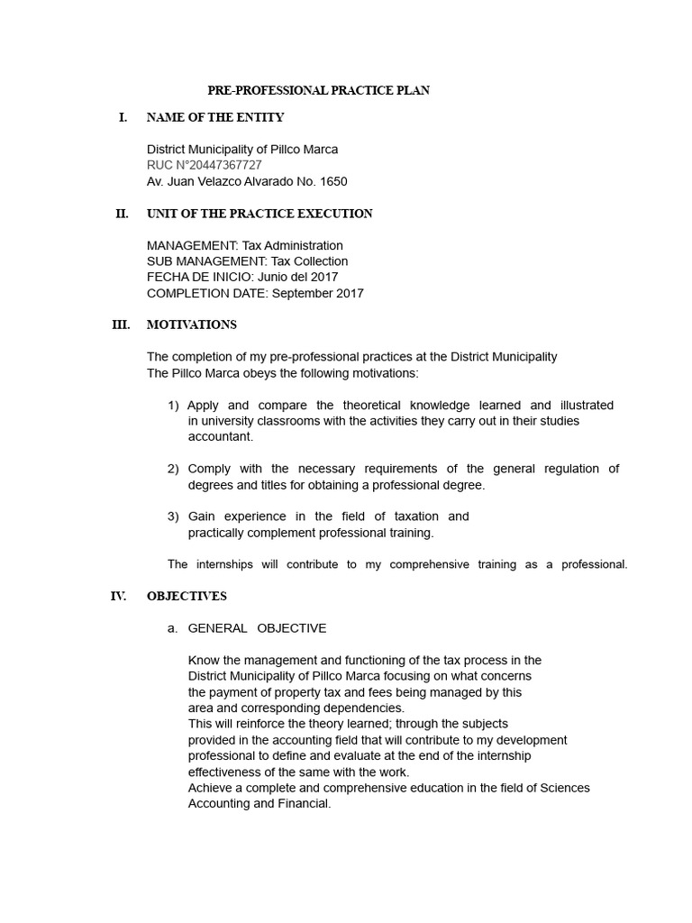 Pre-Professional Internship Plan | PDF | Taxes | Knowledge