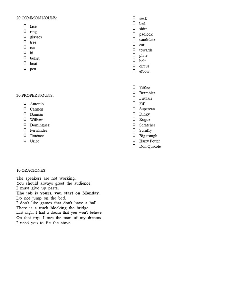 Common Nouns and Sentences List | PDF