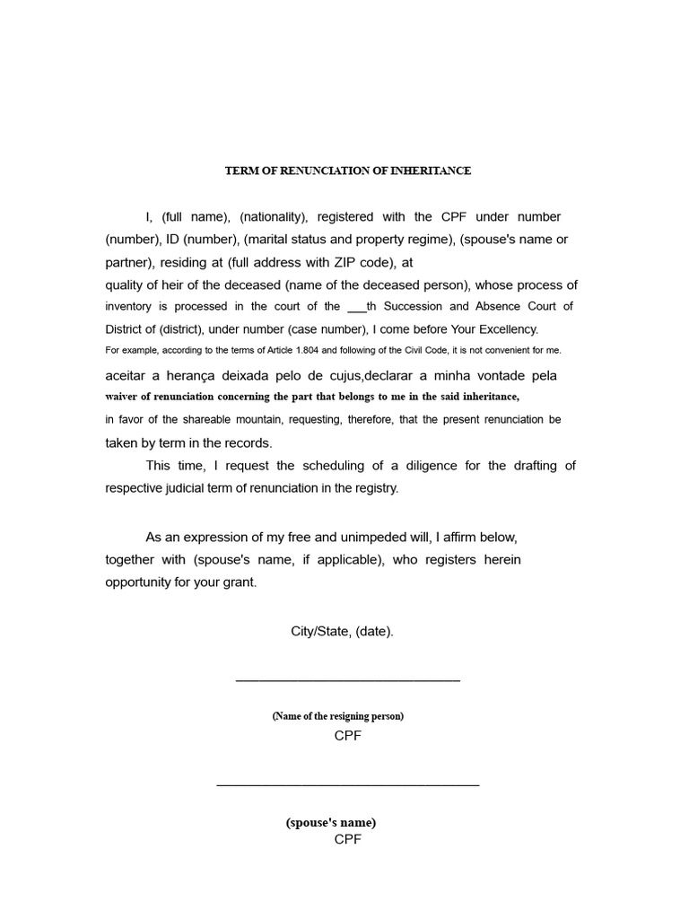 Inheritance Renunciation Document Template | PDF