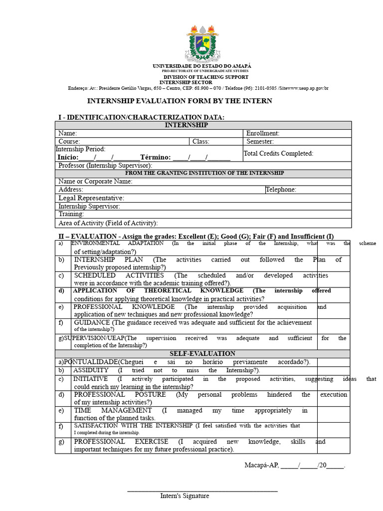 INTERNSHIP EVALUATION FORM BY THE INTERN - Filled Out by The Intern ...