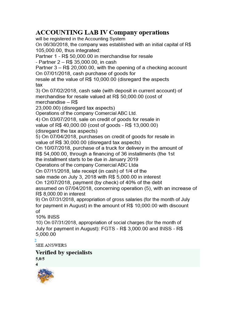 ACCOUNTING LAB IVOperations of The Company To Be Recorded in The ...