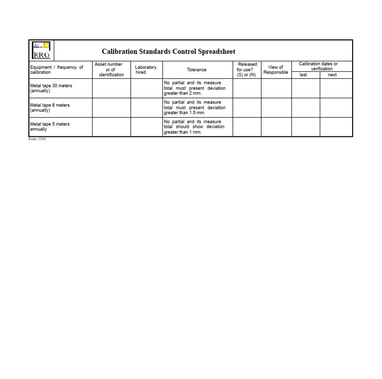 Form.13-01 Calibration Standards Control Spreadsheet | PDF