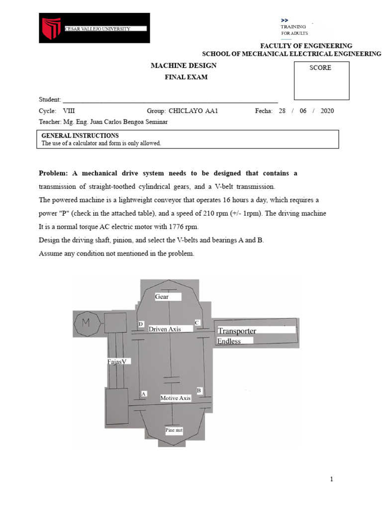 2020 1 FINAL EXAM of Machine Design PEX Chiclayo AA1 | PDF