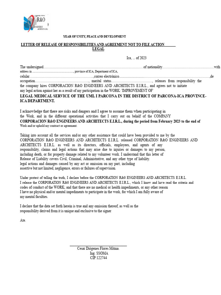Letter of Release of Liability and Legal Actions | PDF | Legal ...