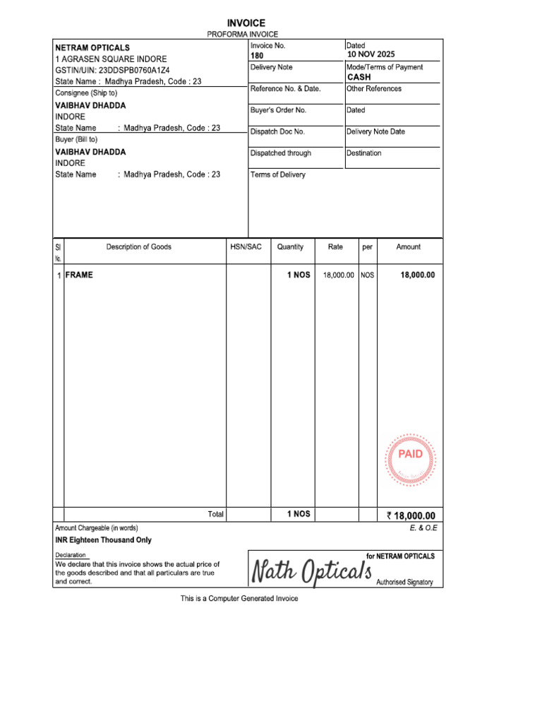 EyeGlasses Invoice Vaibhav - 251215 - 212224 | PDF