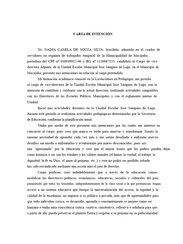 Carta de Intención para Vice-Director Escolar | PDF