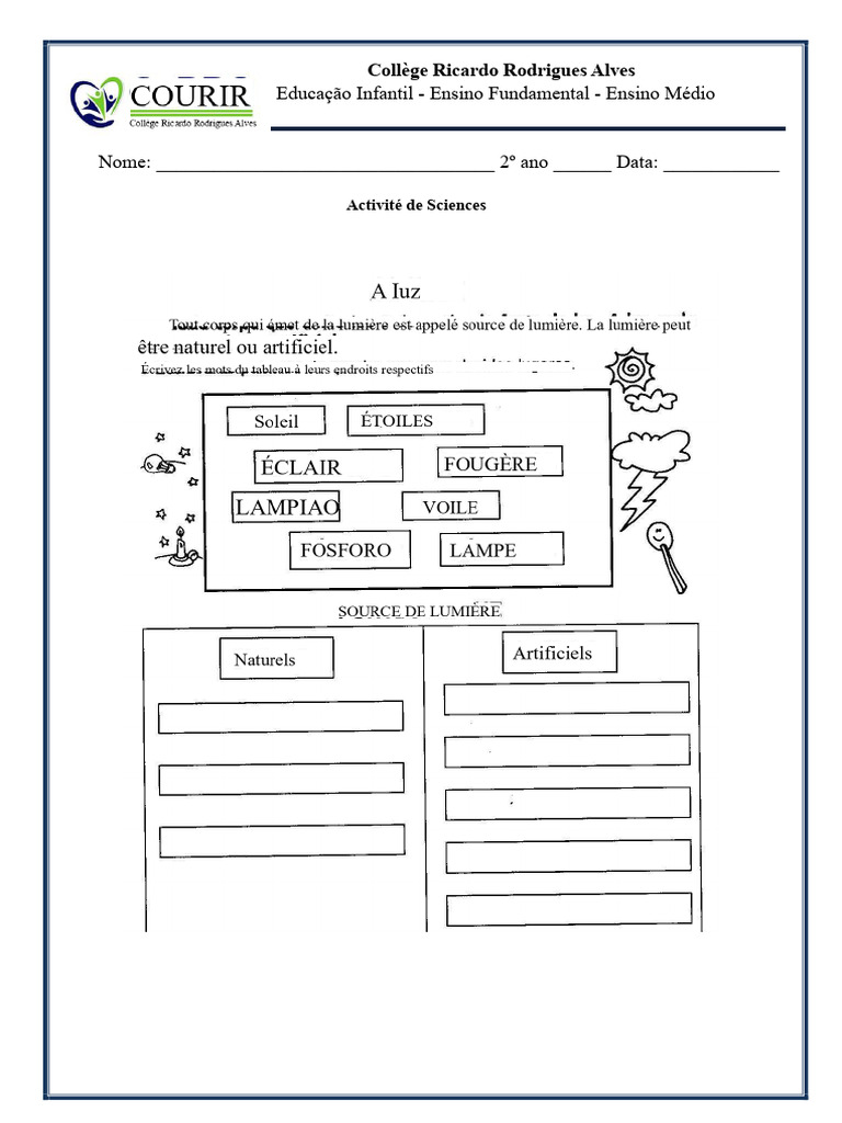 Activité de Sciences - La Lumière - 2ème Année de L'école Élémentaire | PDF