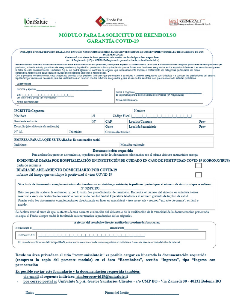 Formulario de Reembolso UniSalute Garantía Covid-19 | PDF | Seguro ...