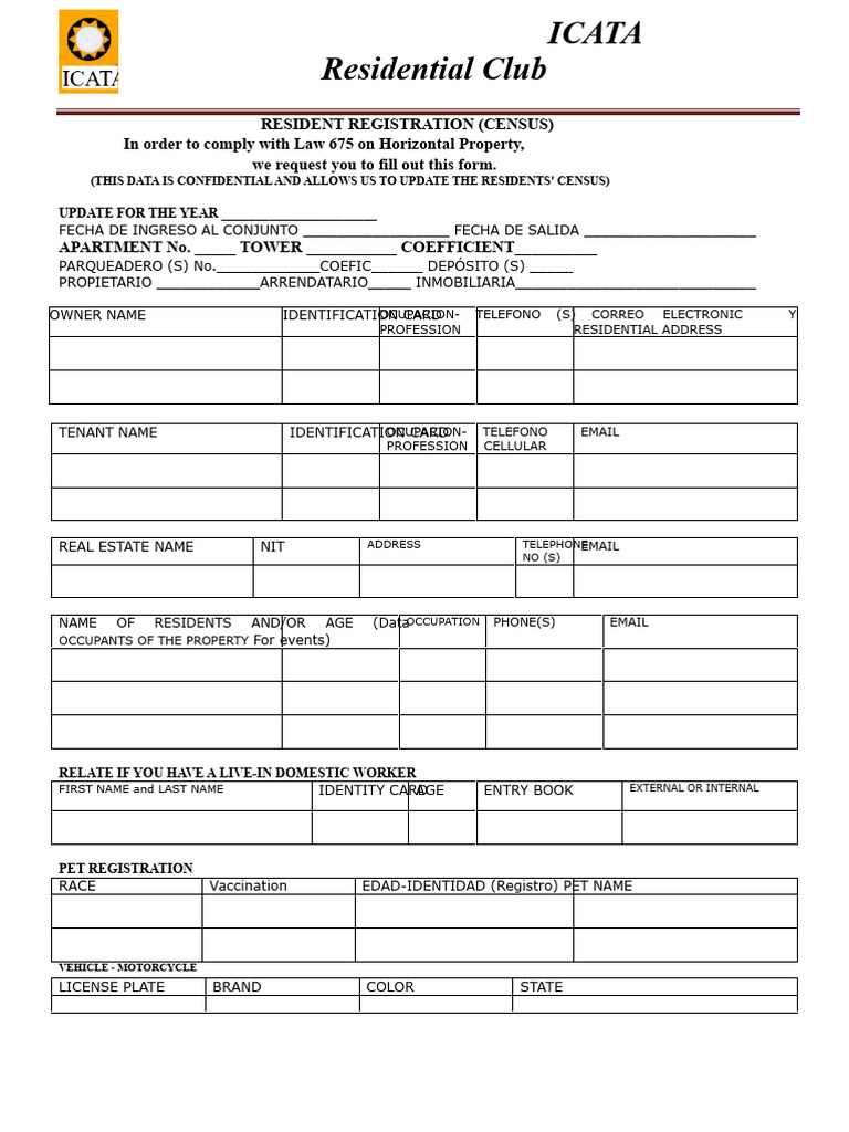 Residents Census Format - Icata Residential Club P.H-1 | PDF