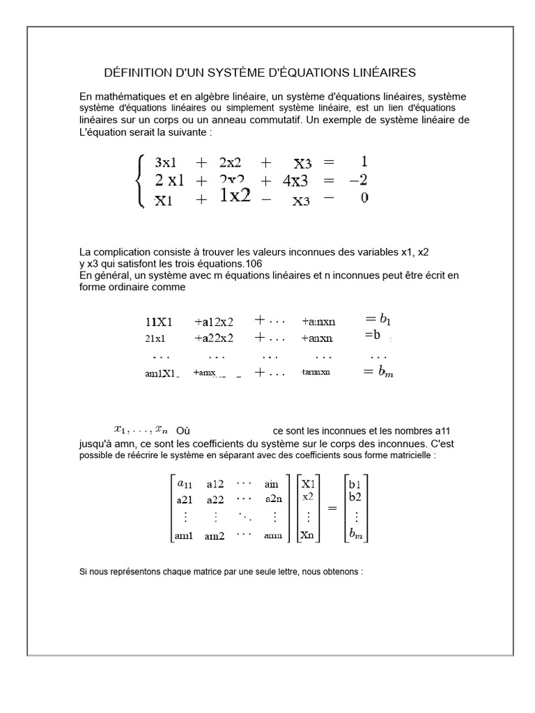 Définition D'un Système D'équations Linéaires | PDF | Matrice ...