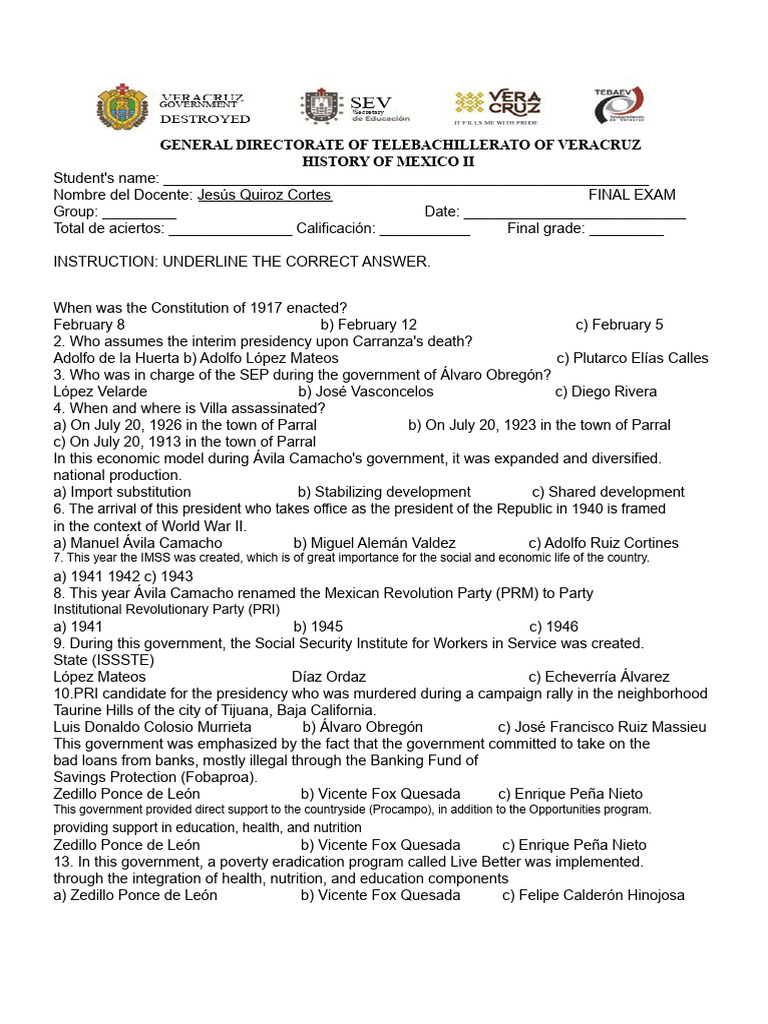 History Exam II FINAL 2023 | PDF | Institutional Revolutionary Party ...