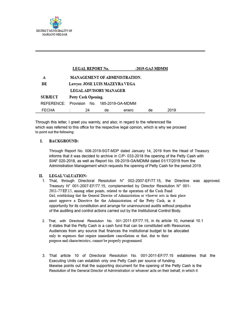 LEGAL REPORT No. OPENING OF PETTY CASH | PDF | Government