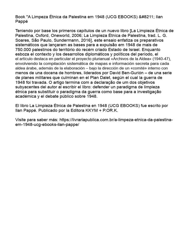 La Limpieza Étnica de Palestina en 1948 (UCG EBOOKS) – Ilan Pappé | PDF