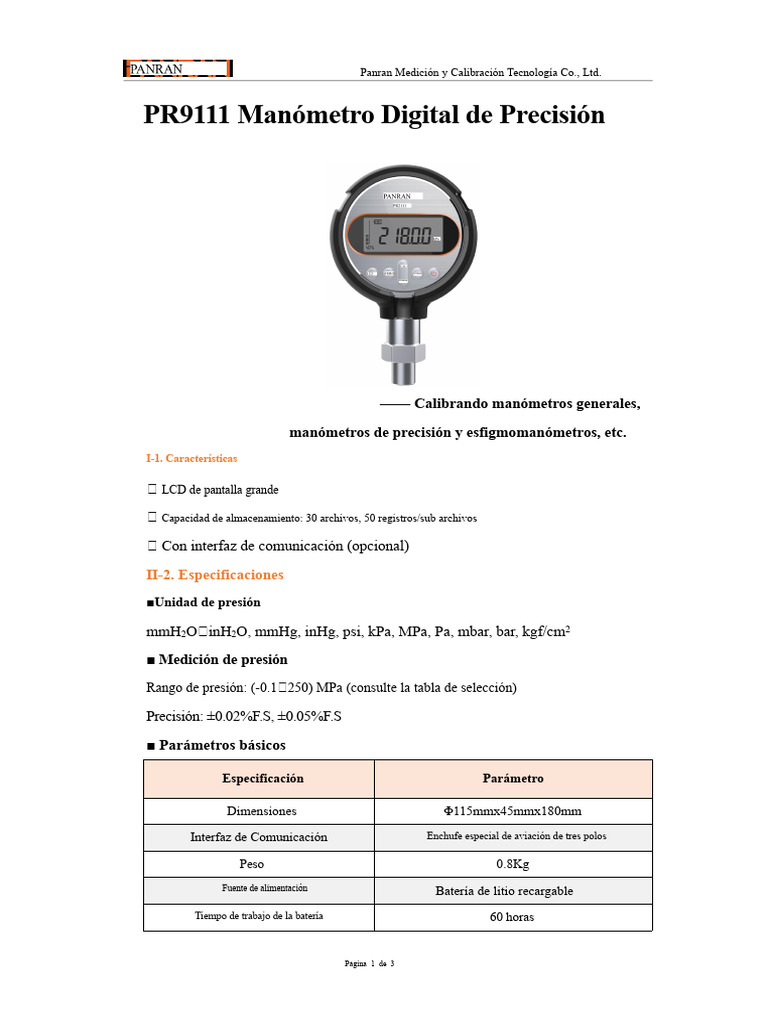 Manómetro Digital PR9111 | PDF | Pascal (Unidad) | Presión