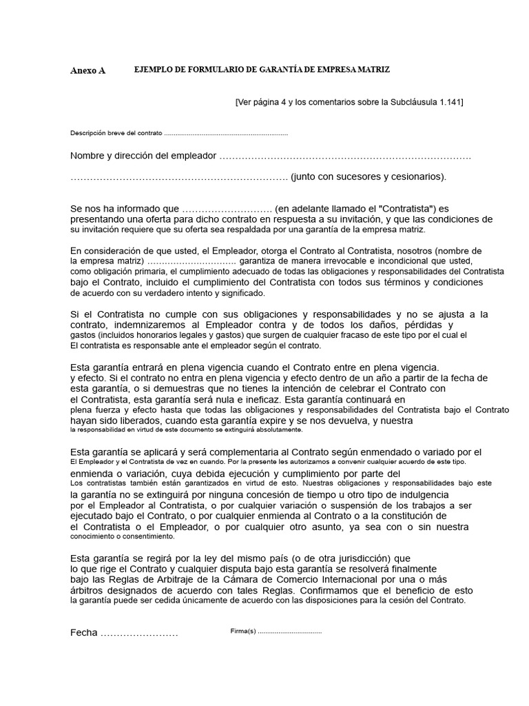 Anexo A EJEMPLO DE FORMULARIO DE GARANTÍA DE LA EMPRESA MATRIZ | PDF | Justicia | Crimen y violencia