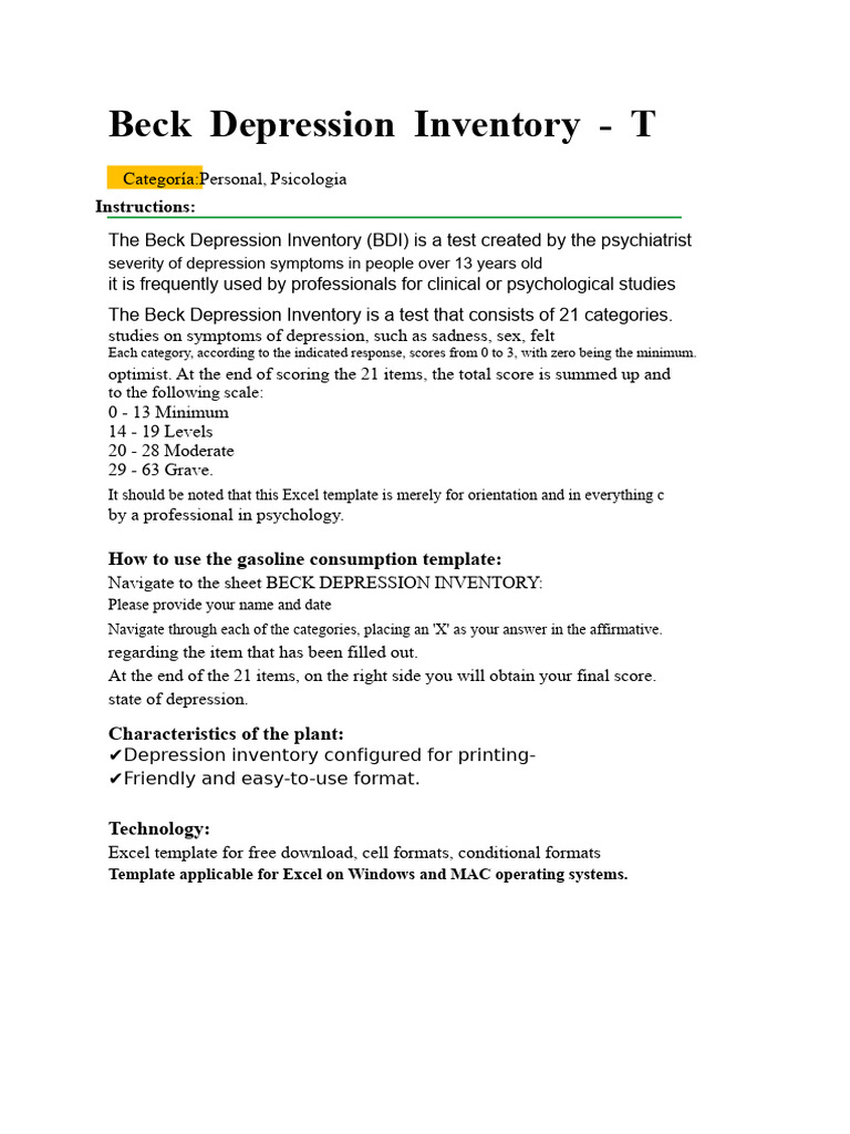 Beck Depression Inventory | PDF | Depression (Mood) | Major Depressive ...