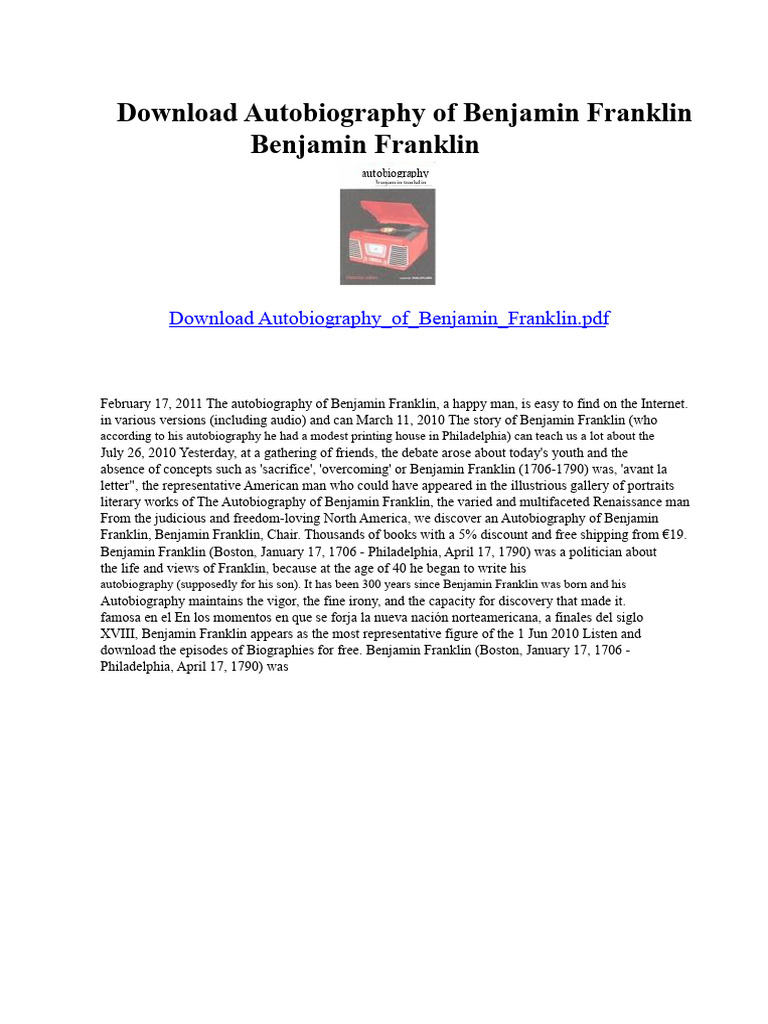 Download Benjamin Franklin's Autobiography | PDF