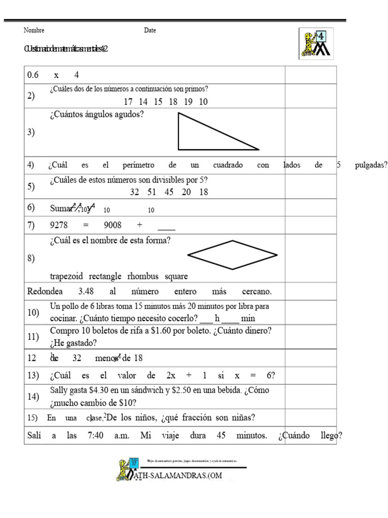 Cuestionario de Matemáticas Mentales 4:2 | PDF | Matemáticas