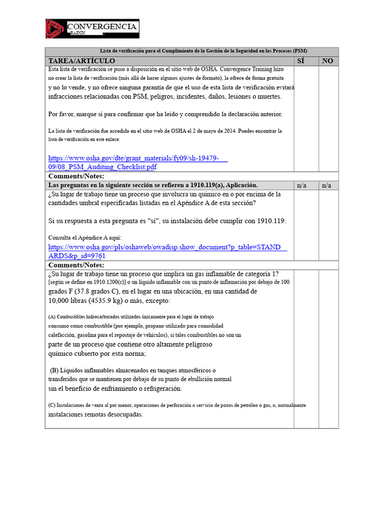 Lista de Verificación PSM OSHA | PDF | Administración de Seguridad y ...