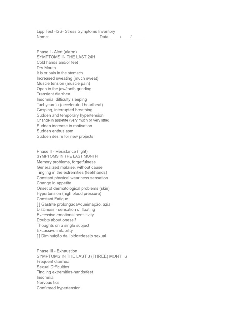 Lipp Test: Stress Symptoms Inventory | PDF | Stress (Biology ...