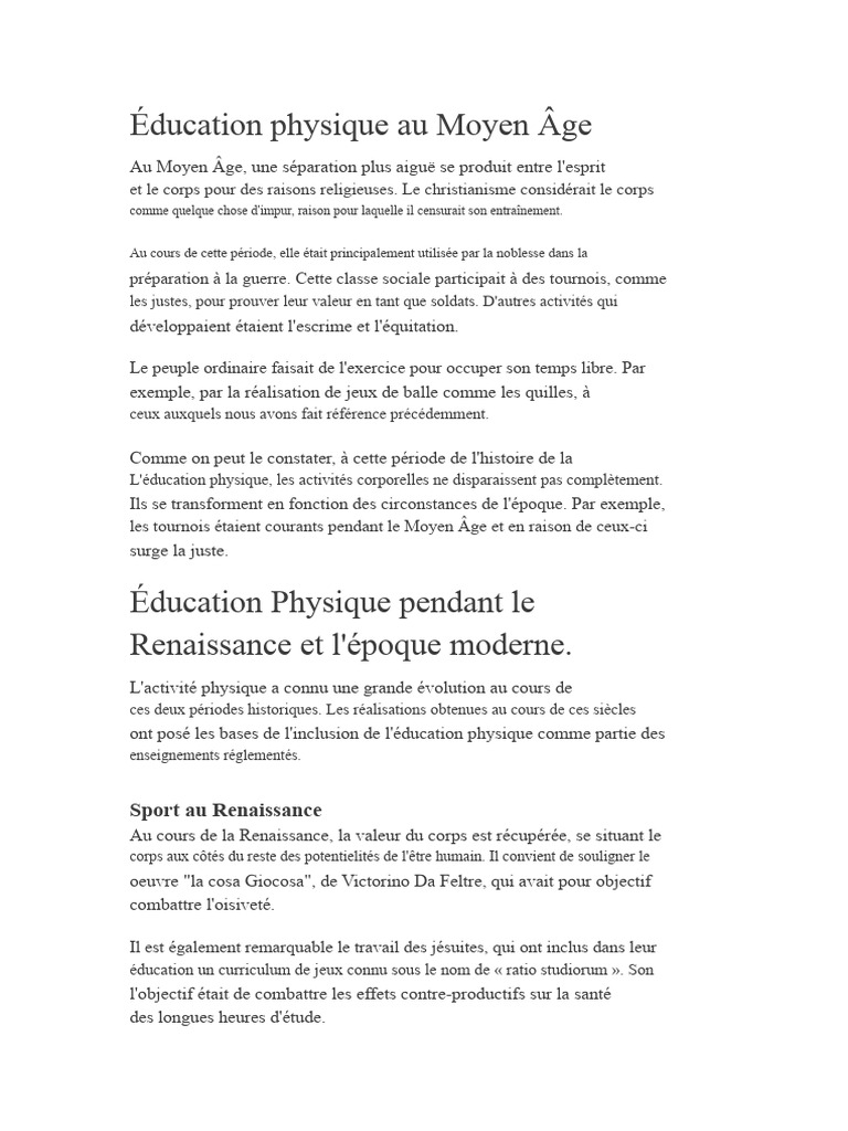 Évolution de l'éducation physique au Moyen Âge | PDF | Physique | Des ...
