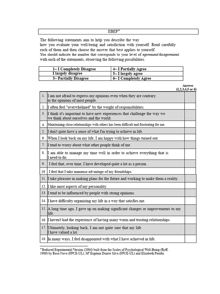 Reduced Psychological Well-Being - Scale and Correction Key | PDF ...
