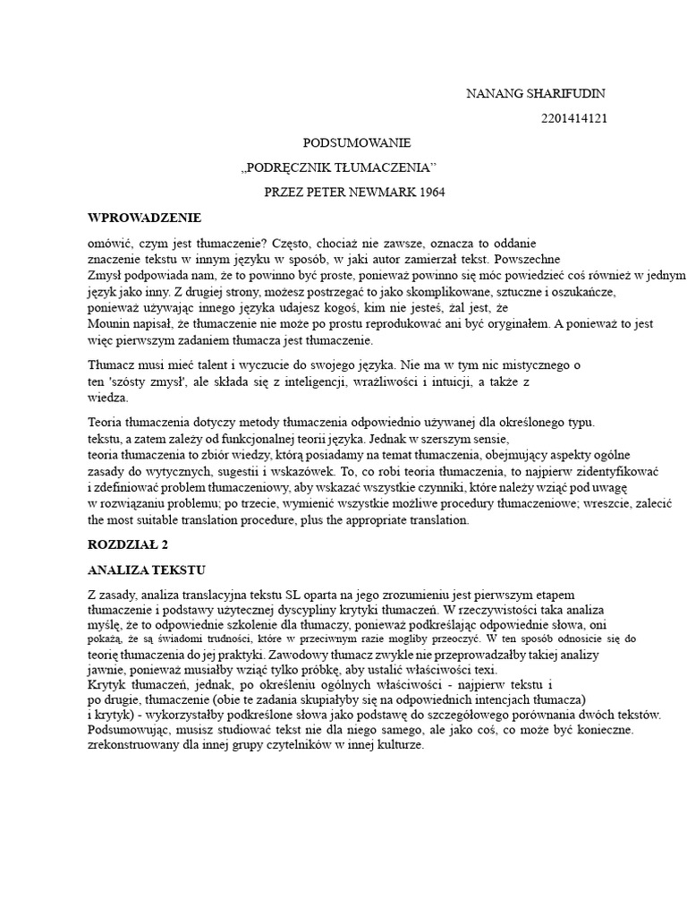 Podręcznik tłumaczenia - Peter Newmark 1964 - STRESZCZENIE | PDF