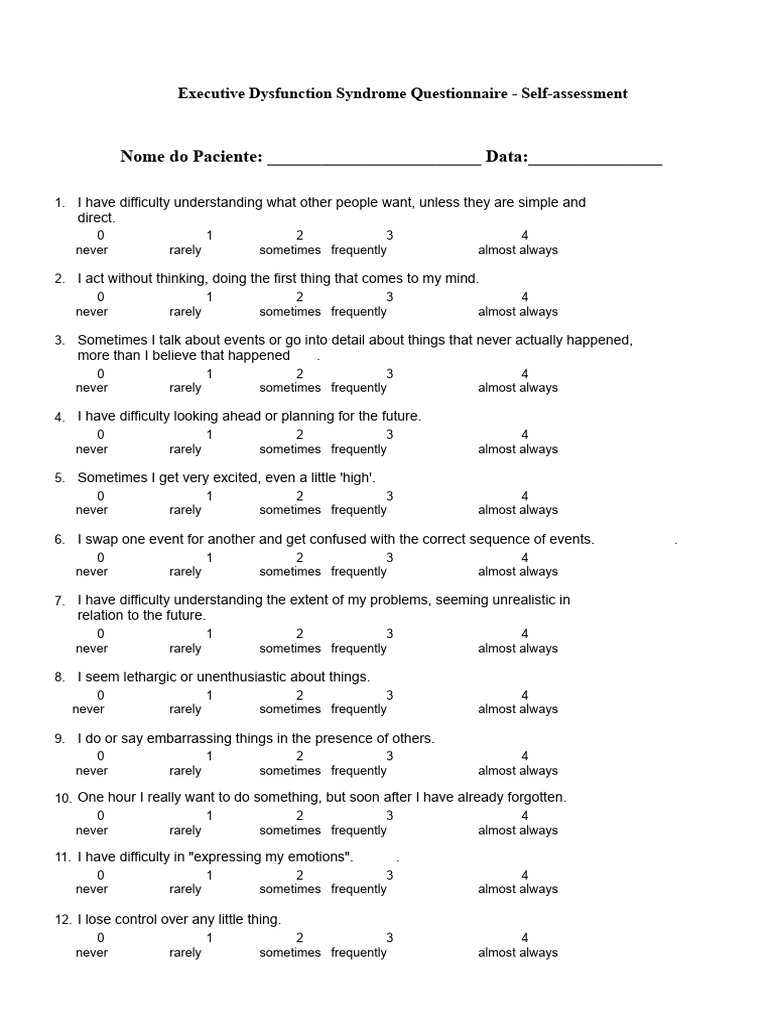 DEX - Executive Dysfunction Syndrome Questionnaire - Patient | PDF ...