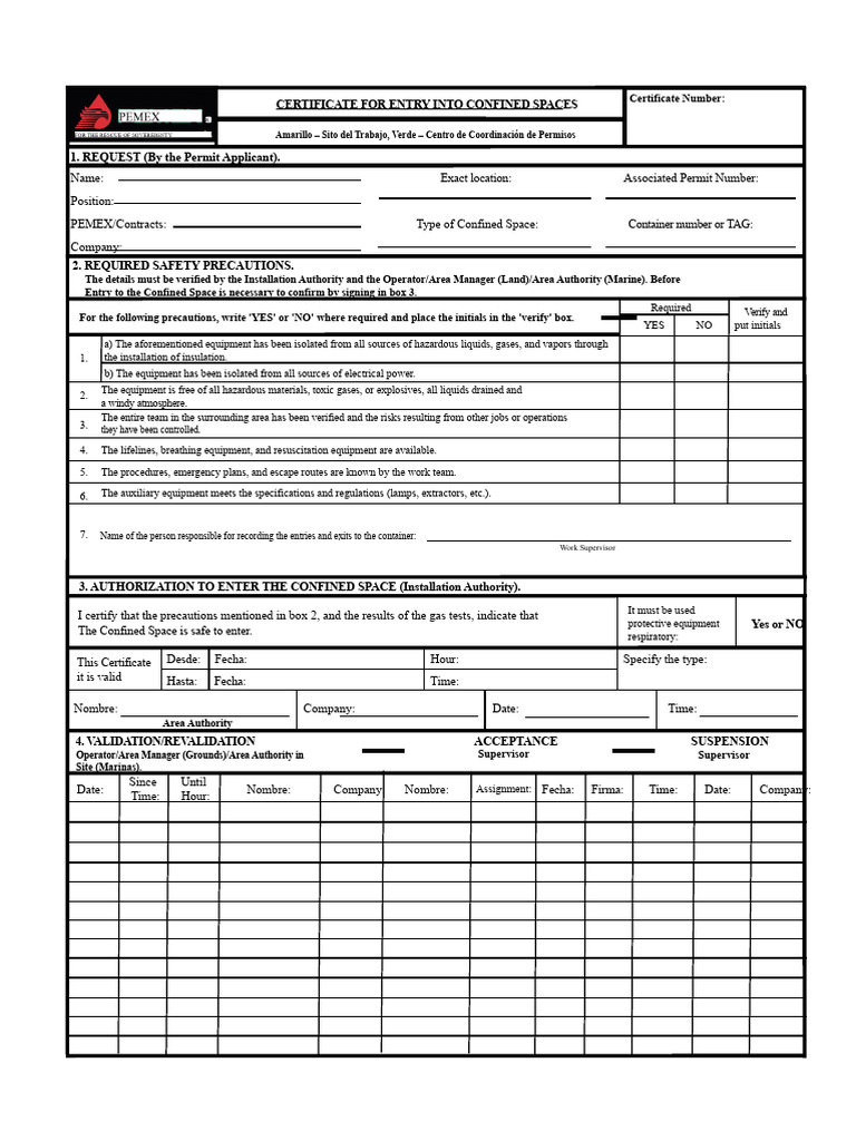 11 Entry Certificate Format For Confined Spaces | PDF | Working ...