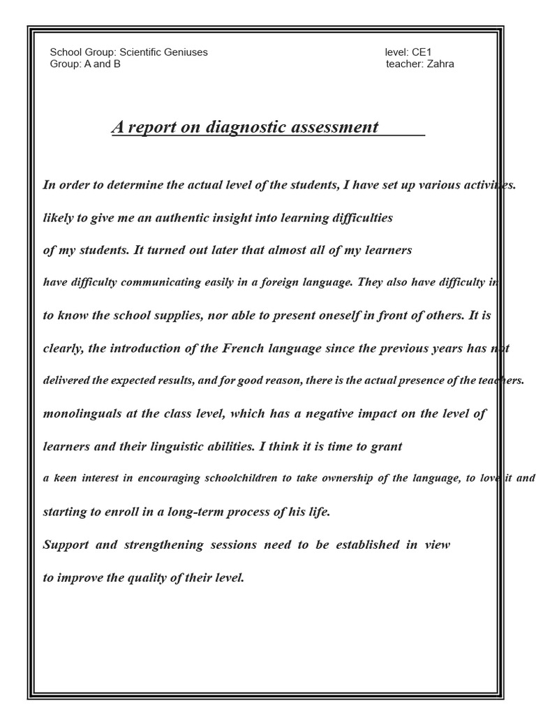 Diagnostic assessment report for 1st grade | PDF | Reading ...