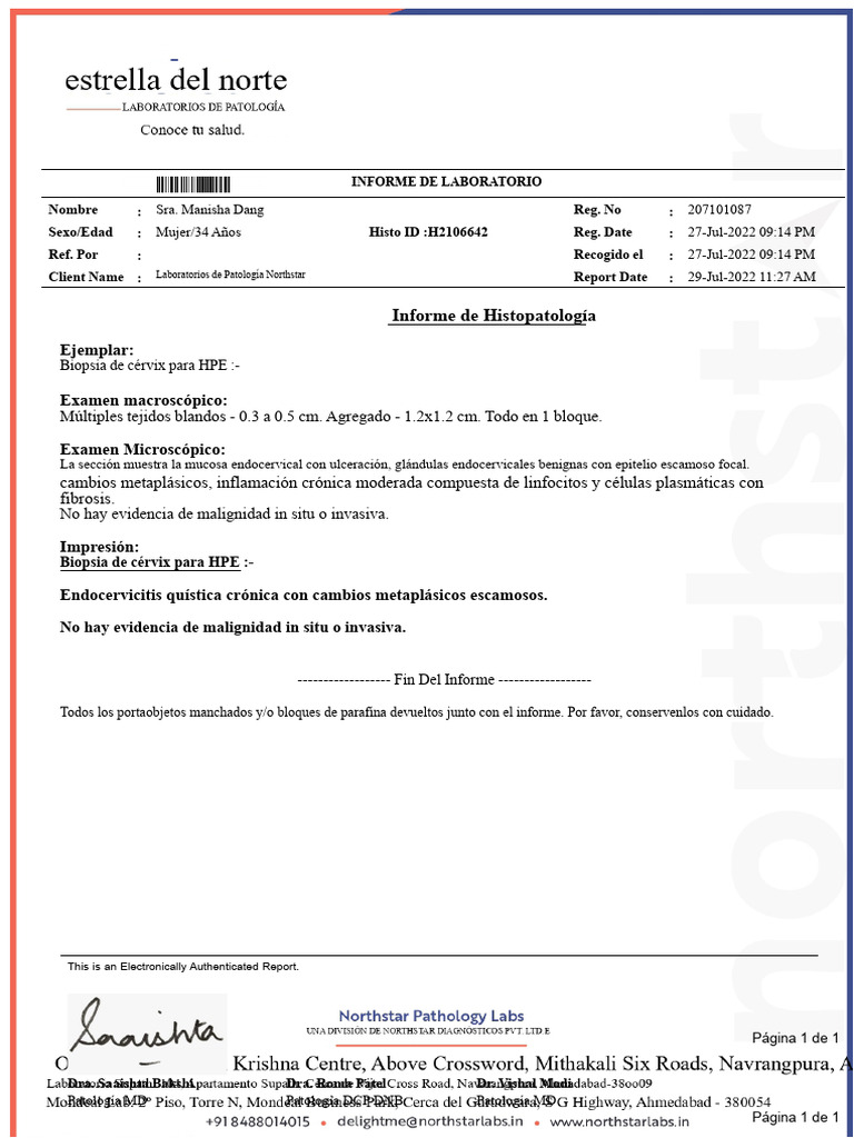 Informe de Biopsia de Cérvix: Endocervicitis | PDF