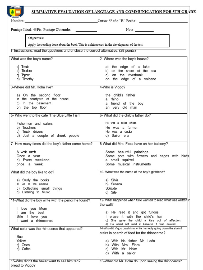 5th Grade Language Evaluation Test | PDF