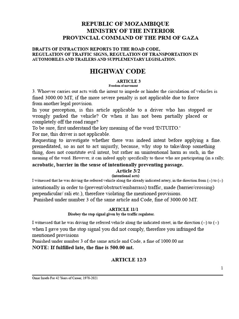 Mozambique Road Code Infraction Reports | PDF | Traffic | Road Transport