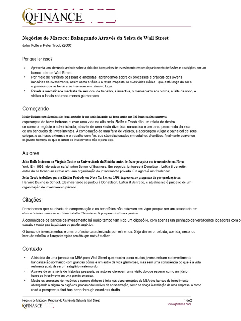 Negócios de Macaco Balançando Através da Selva de Wall Street | PDF ...