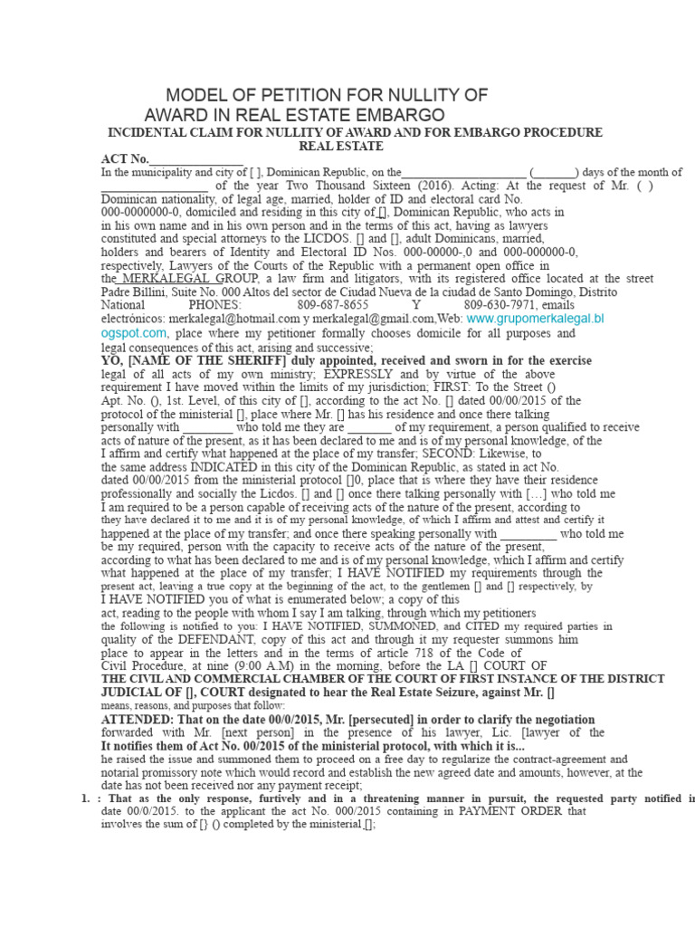Model of Claim For Nullity of Award in Property Embargo | PDF ...