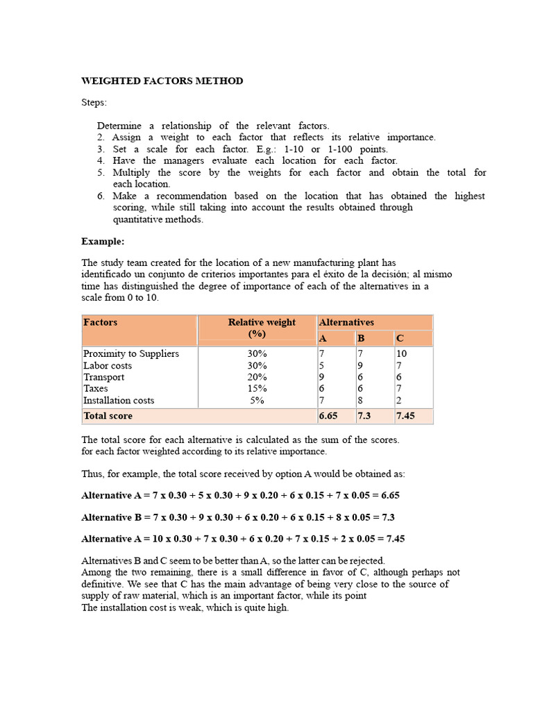 WEIGHTED FACTORS METHOD | PDF | Weight | Distance