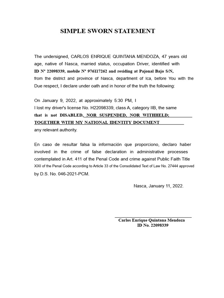 Sworn Statement of Lost Driver's License | PDF