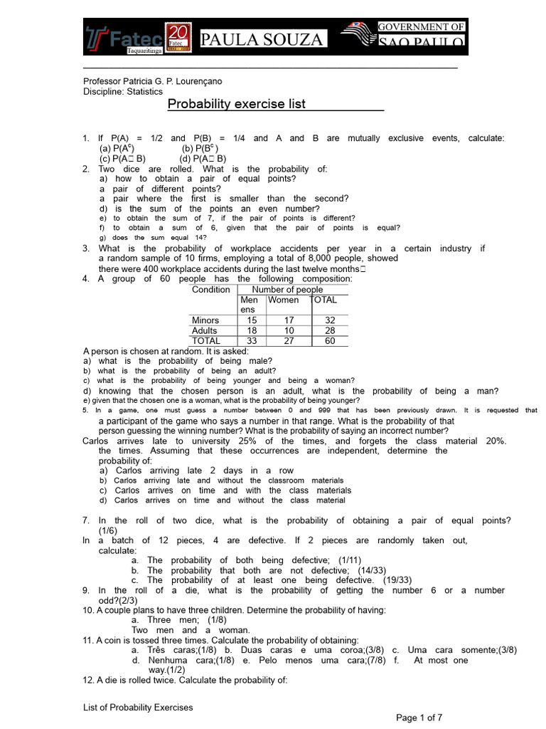 Probability Exercises for Statistics Students | PDF | Probability ...